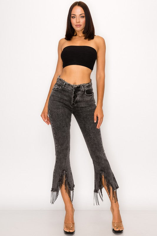 Rhinestone Fringe Jeans with Frayed Waist Blue B Charcoal M