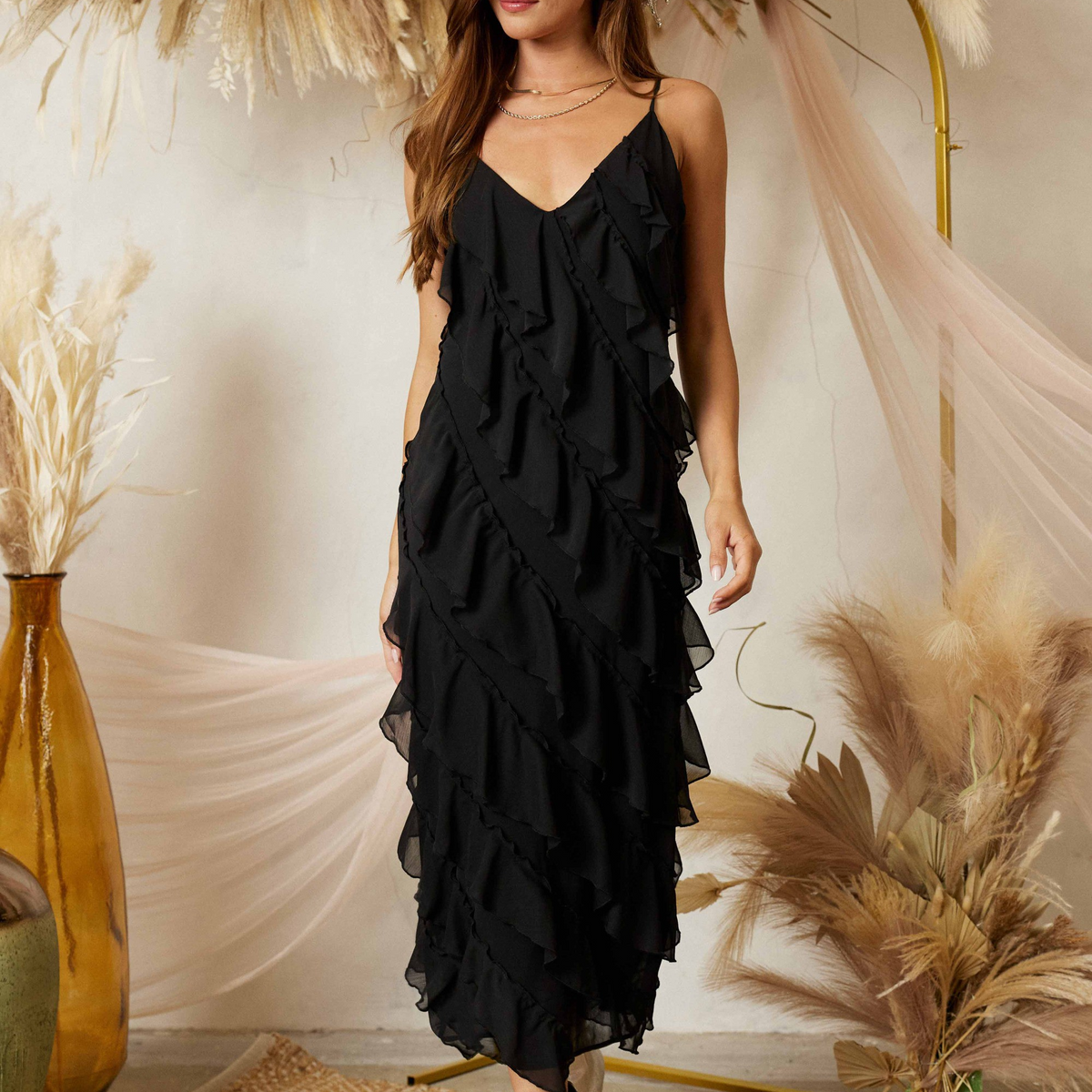 Diagonal Tiered Ruffle Midi Dress – RARA Boutique