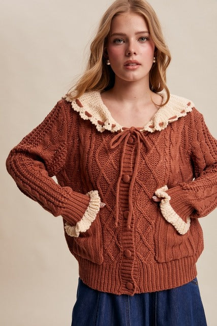 Two-Tone Crochet Sailor Collar Cable Knit Cardigan - Listicle – RARA ...
